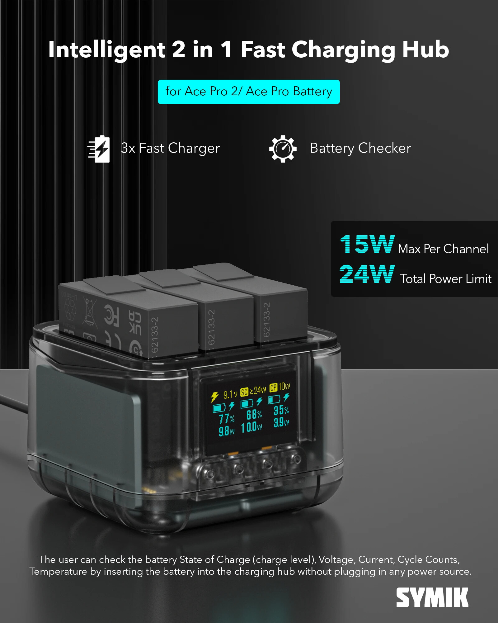 SYMIK For Insta360 Ace Pro 2 Battery Charger Fast Charge Hub 0.96" OLED ...
