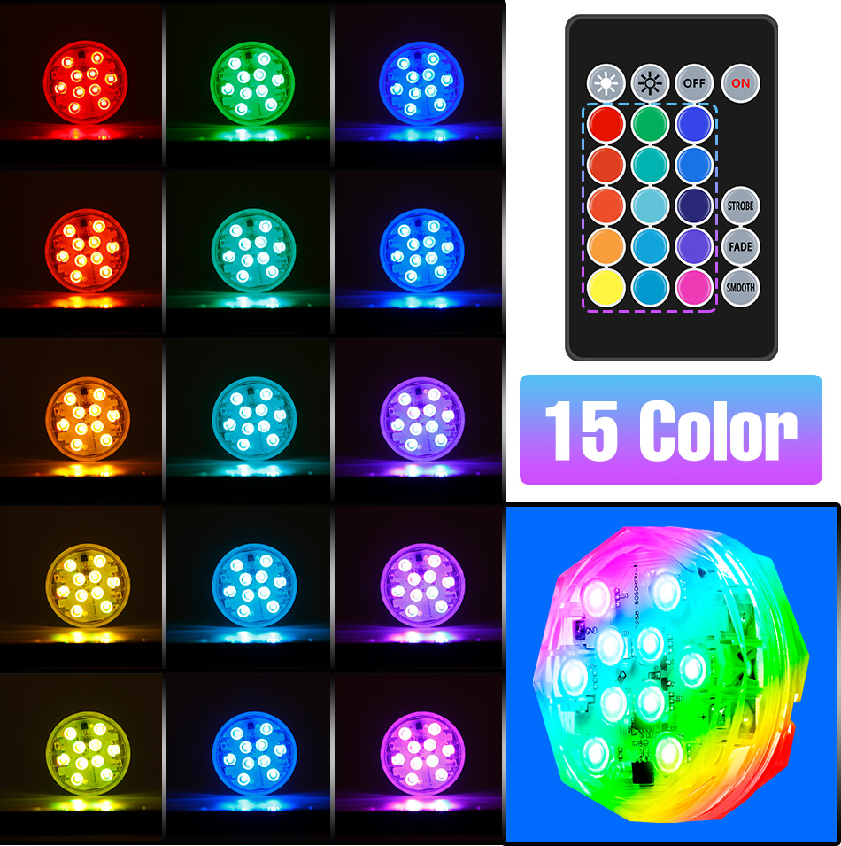 RGB LED Submersible Light with Remote IP68 Waterproof 15Colors Changing ...