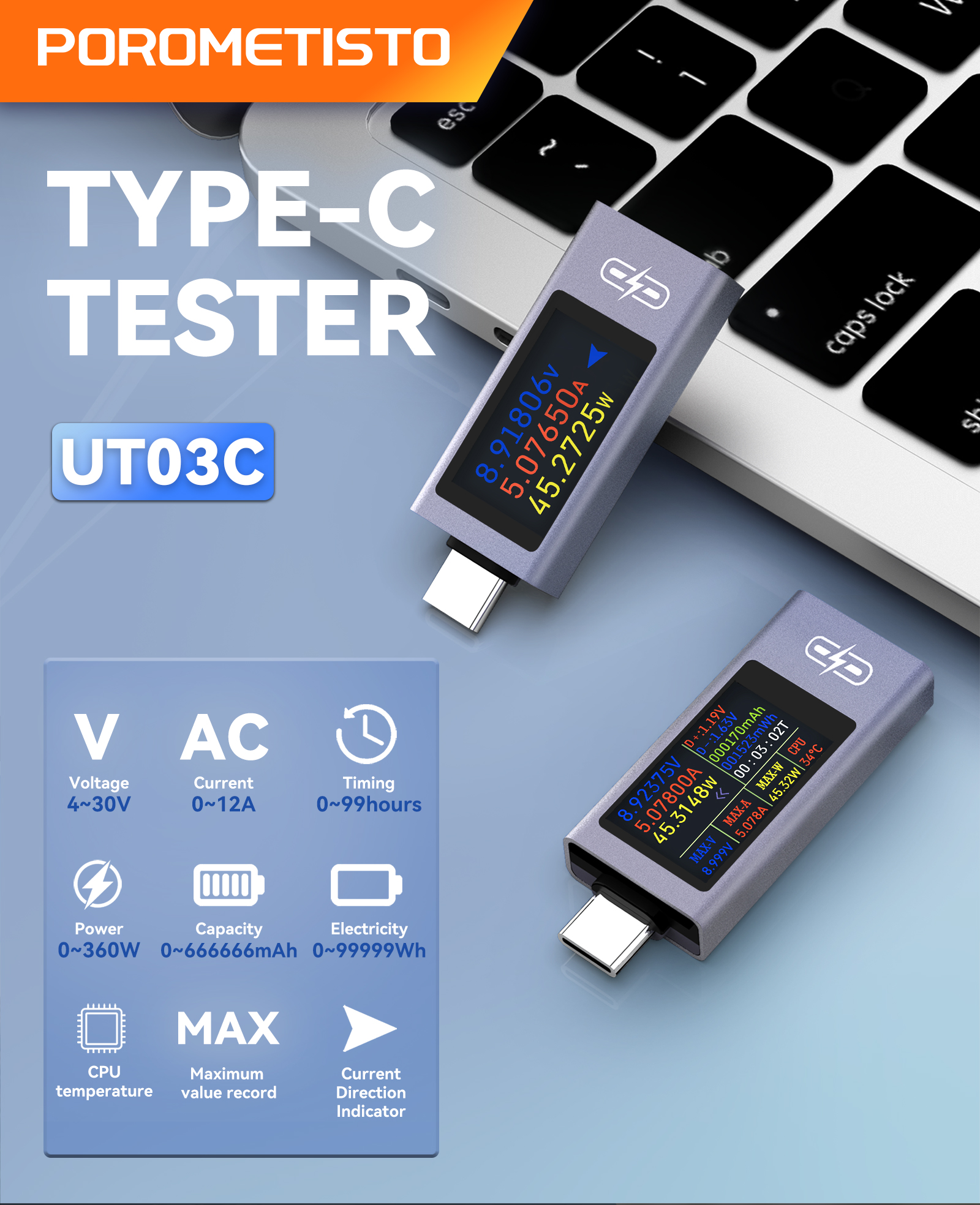 UT03C/UT02C Type-C Multi-function Voltage Ammeter Power Meter 4~30V 0~12A Support DC Fast ...