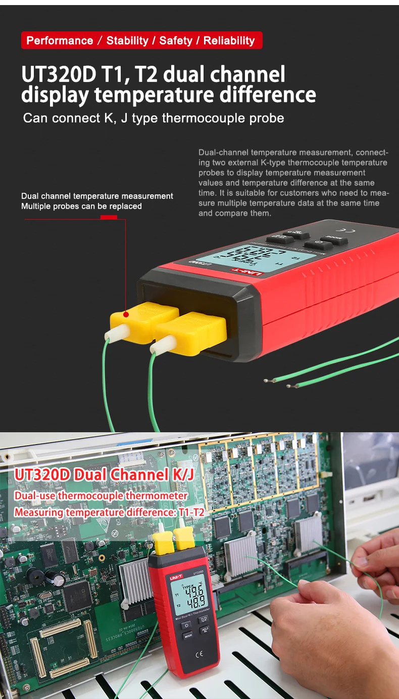 UNI-T UT320A UT320D Digital Thermometer Mini Dual K/J Type Thermocouple ...