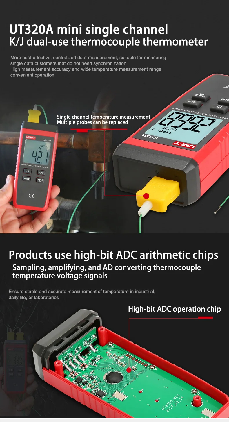 UNI-T UT320A UT320D Digital Thermometer Mini Dual K/J Type Thermocouple ...