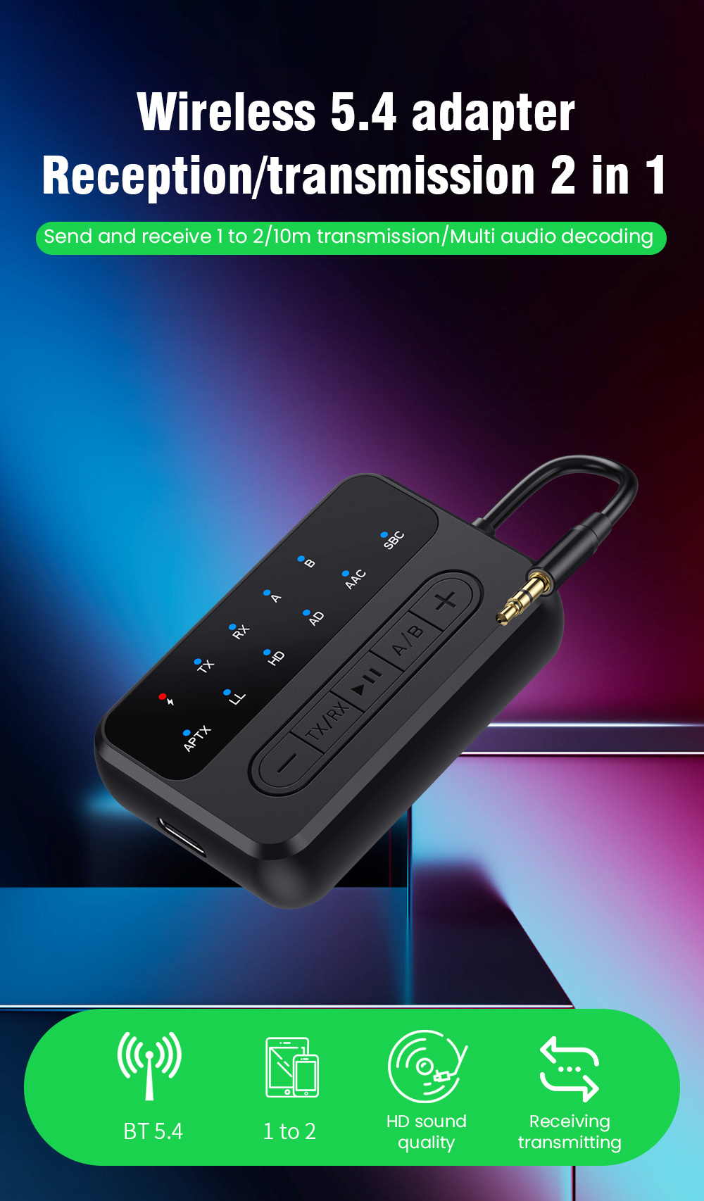 Bluetooth 5.4 Audio Receiver Transmitter 3.5mm AUX Multipoint Connect ...