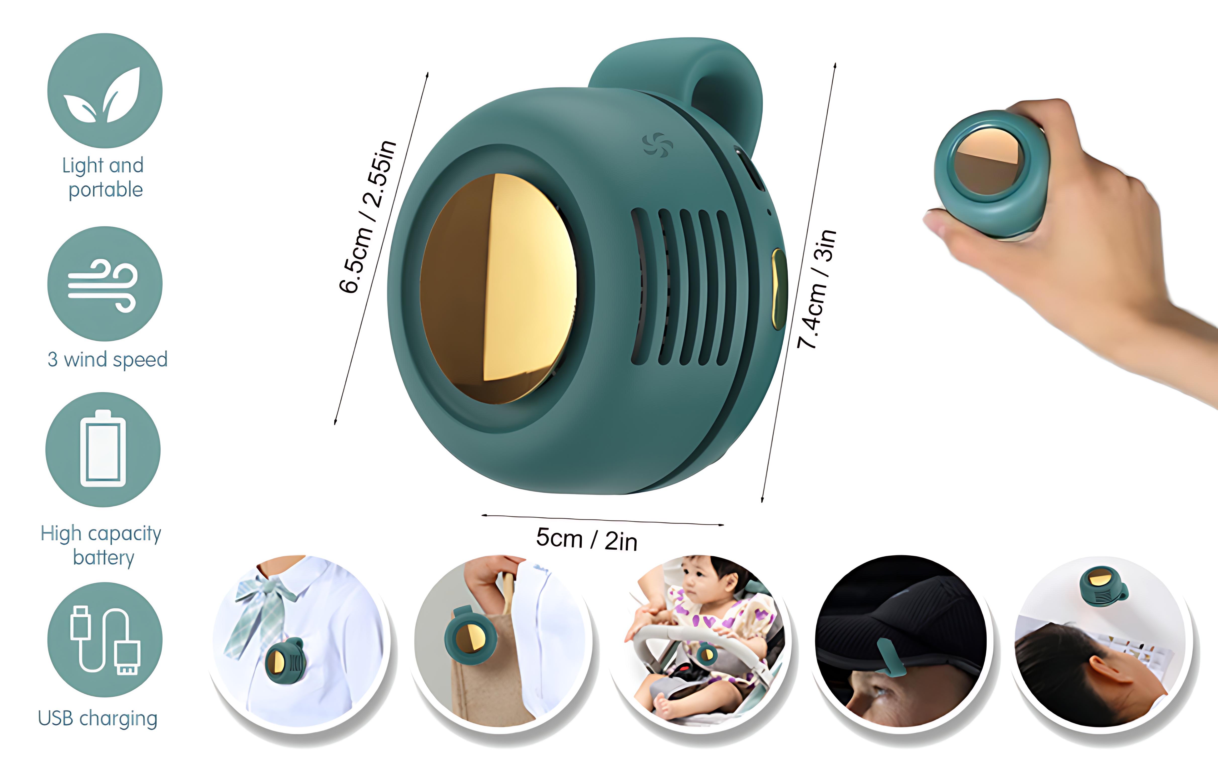 3-Speed Adjustable Mini Clip On Fan USB Charging Button Fan Neck Fan ...