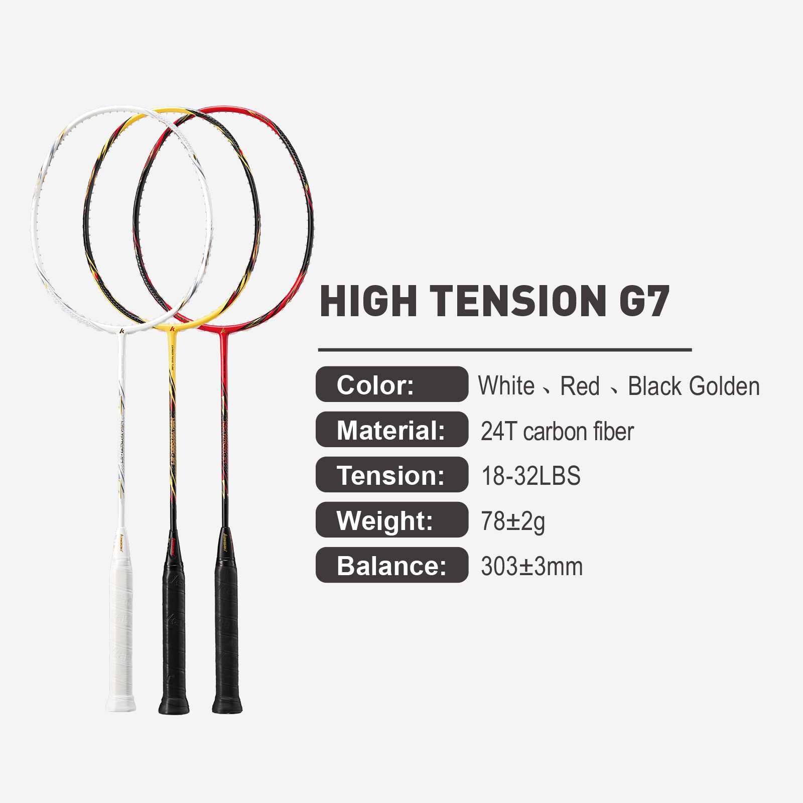 Kawasaki Badminton Racket HIGH TENSION G7 5U 18-32LBS Full Carbon ...
