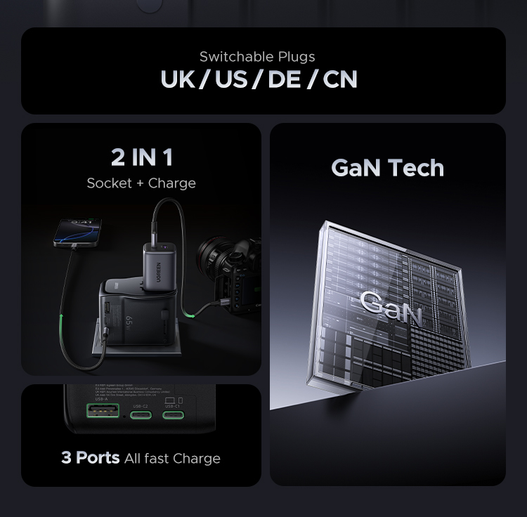 UGREEN Universal Travel Adapter Nexode 65W Switchable Plugs UK/US/DE/CN ...