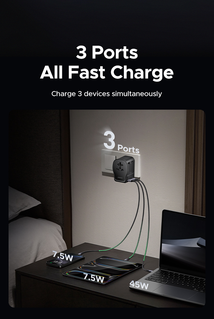 UGREEN Universal Travel Adapter Nexode 65W Switchable Plugs UK/US/DE/CN ...