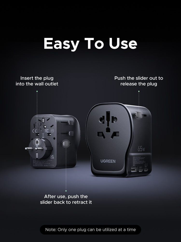 UGREEN Universal Travel Adapter Nexode 65W Switchable Plugs UK/US/DE/CN ...
