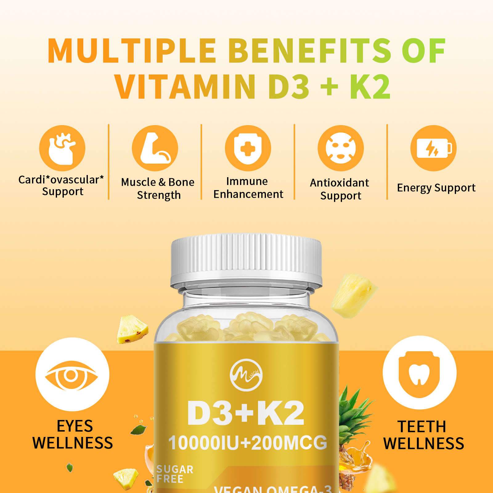 Minch Vitamin D3 & K2 Gummies Sugar Free Supports Healthy Bones, Heart ...