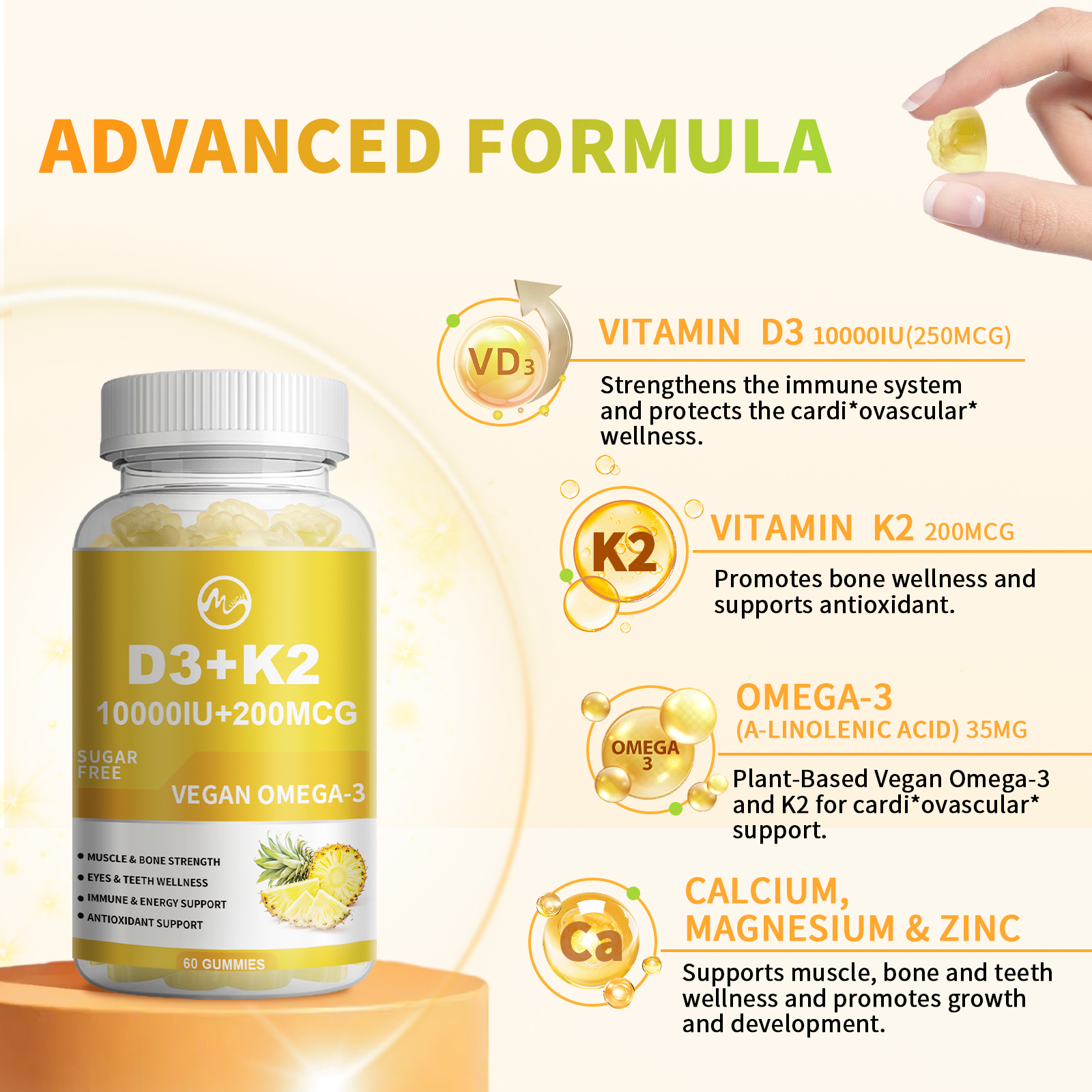 Minch Vitamin D3 & K2 Gummies Sugar Free Supports Healthy Bones, Heart ...