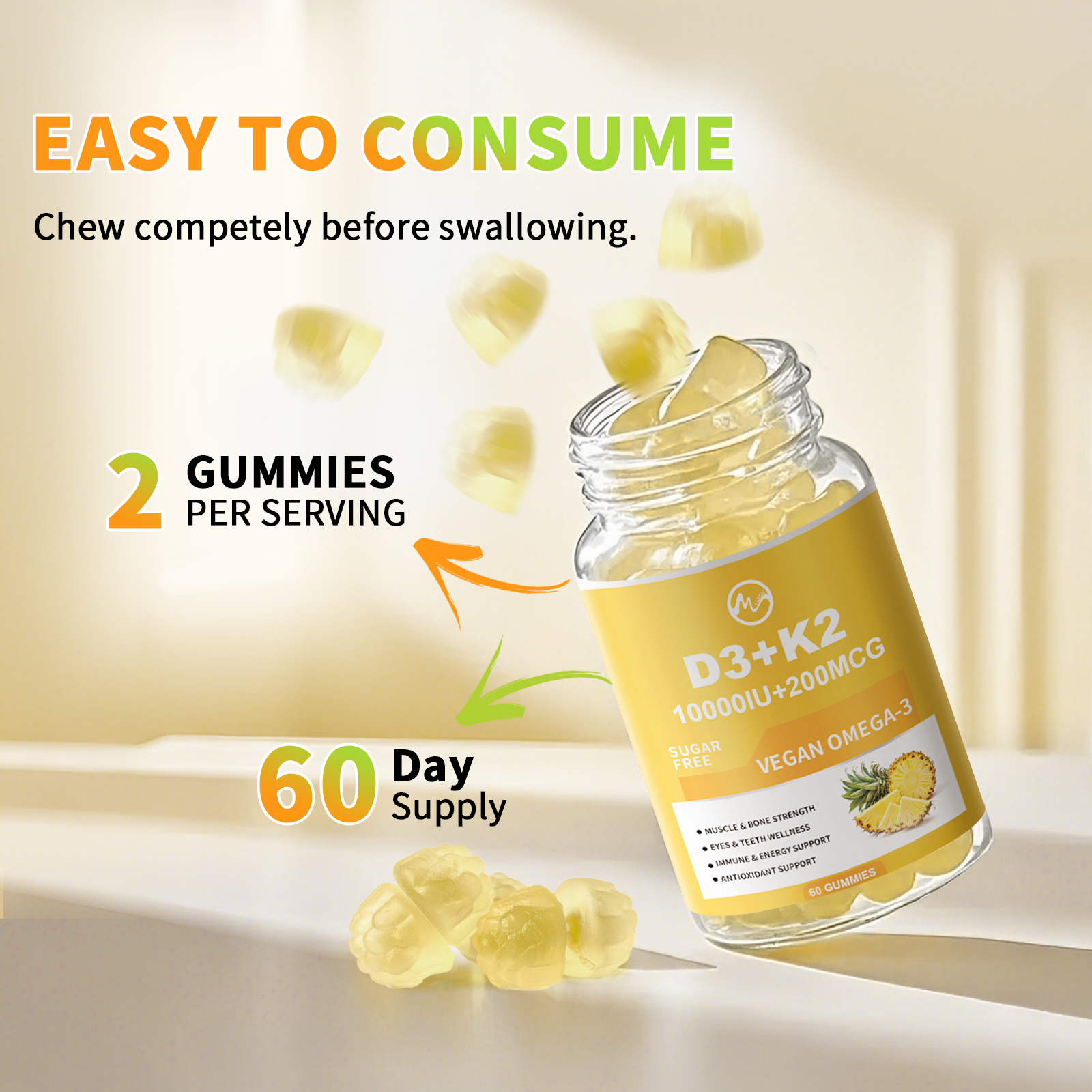 Minch Vitamin D3 & K2 Gummies Sugar Free Supports Healthy Bones, Heart ...