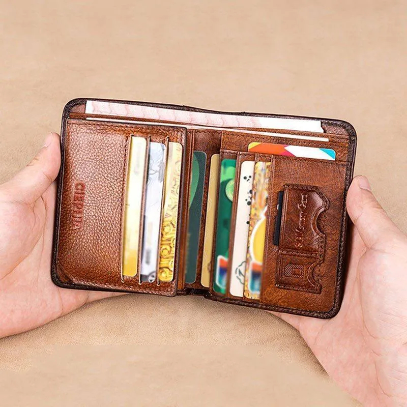 Classic Men's genuine leather wallet tri-fold wallet Retro Brown High ...