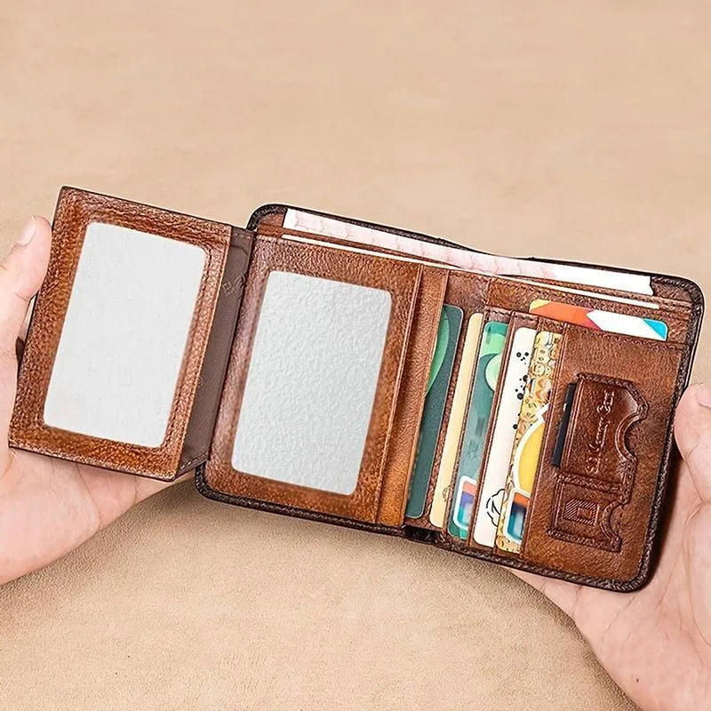 Classic Men's genuine leather wallet tri-fold wallet Retro Brown High ...