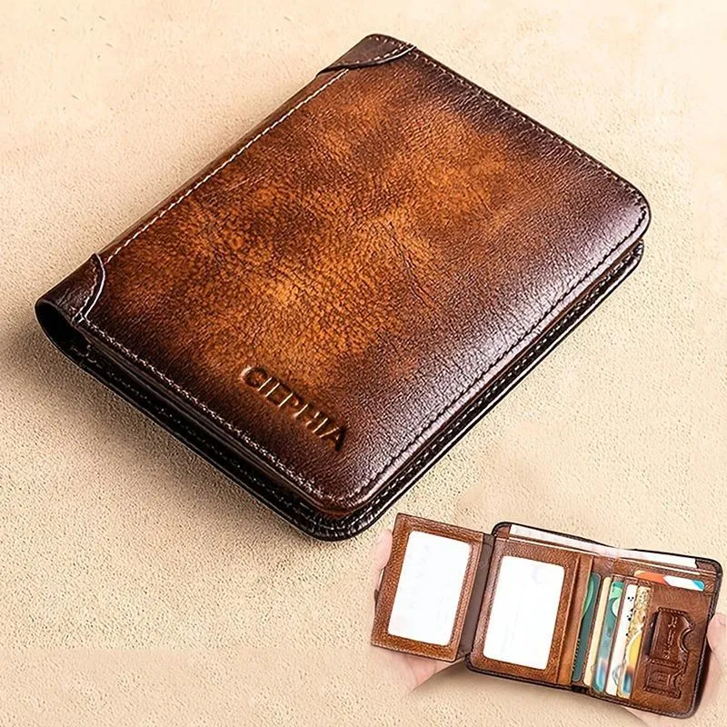 Classic Men's genuine leather wallet tri-fold wallet Retro Brown High ...