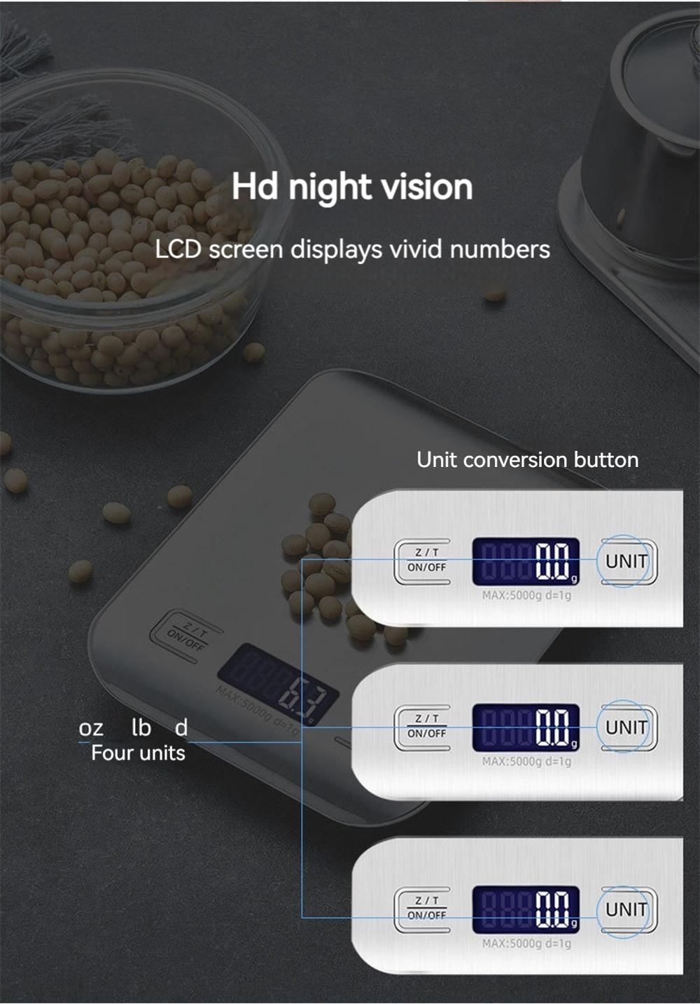INSMART Kitchen Scale, Electronic Scale,6 UnitsFood Scale, LED Display ...