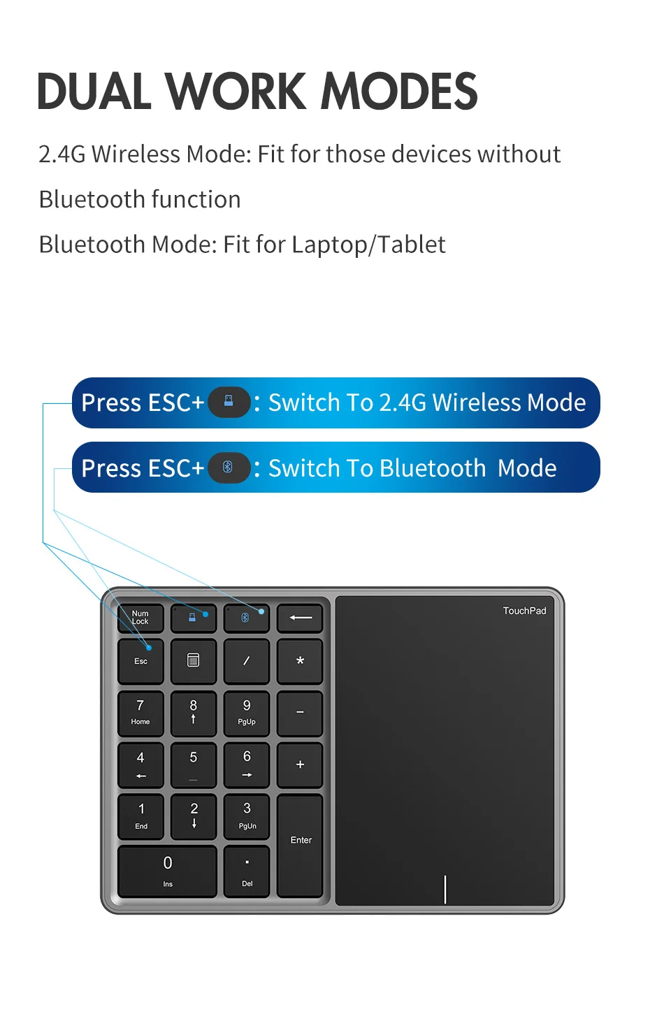 jomaa Bluetooth Numeric Keypad Rechargeable Aluminum 2.4G 22-Key Number ...