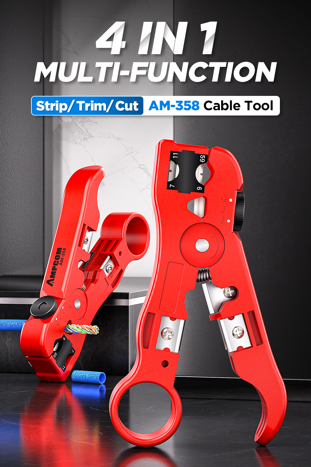 AMPCOM AM-358 Red Wire Stripper - Multi-in-1 wire stripping knife in a ...