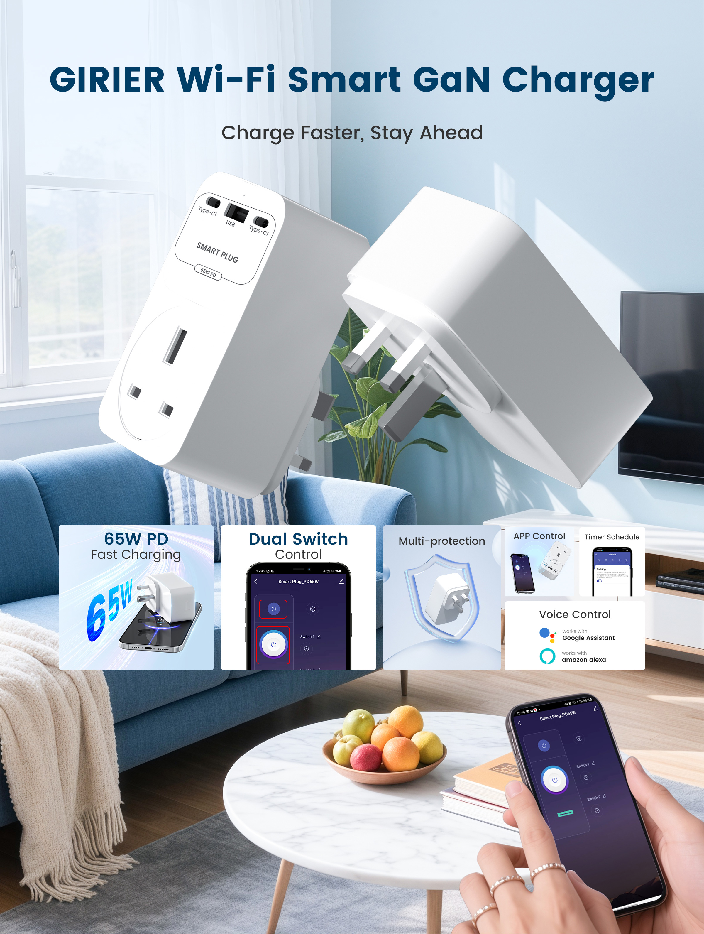 GIRIER Tuya Smart WiFi Power Plug with GaN Fast Charger 65W PD Fast ...