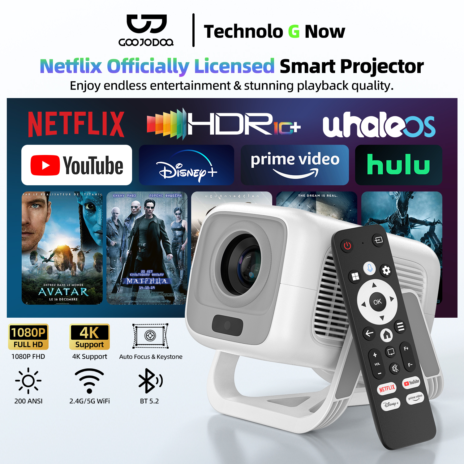 GOOJODOQ 1080P Full HD 200ANSI Projector Android 13 with AI Voice ...