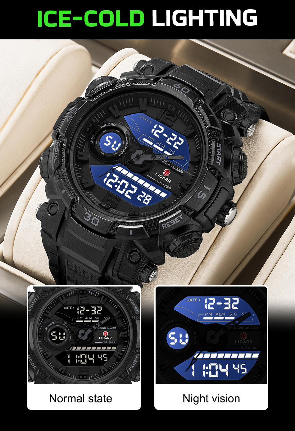 LICARR Top Fashion Sports Waterproof Men's Watch Alarm Calendar Light ...
