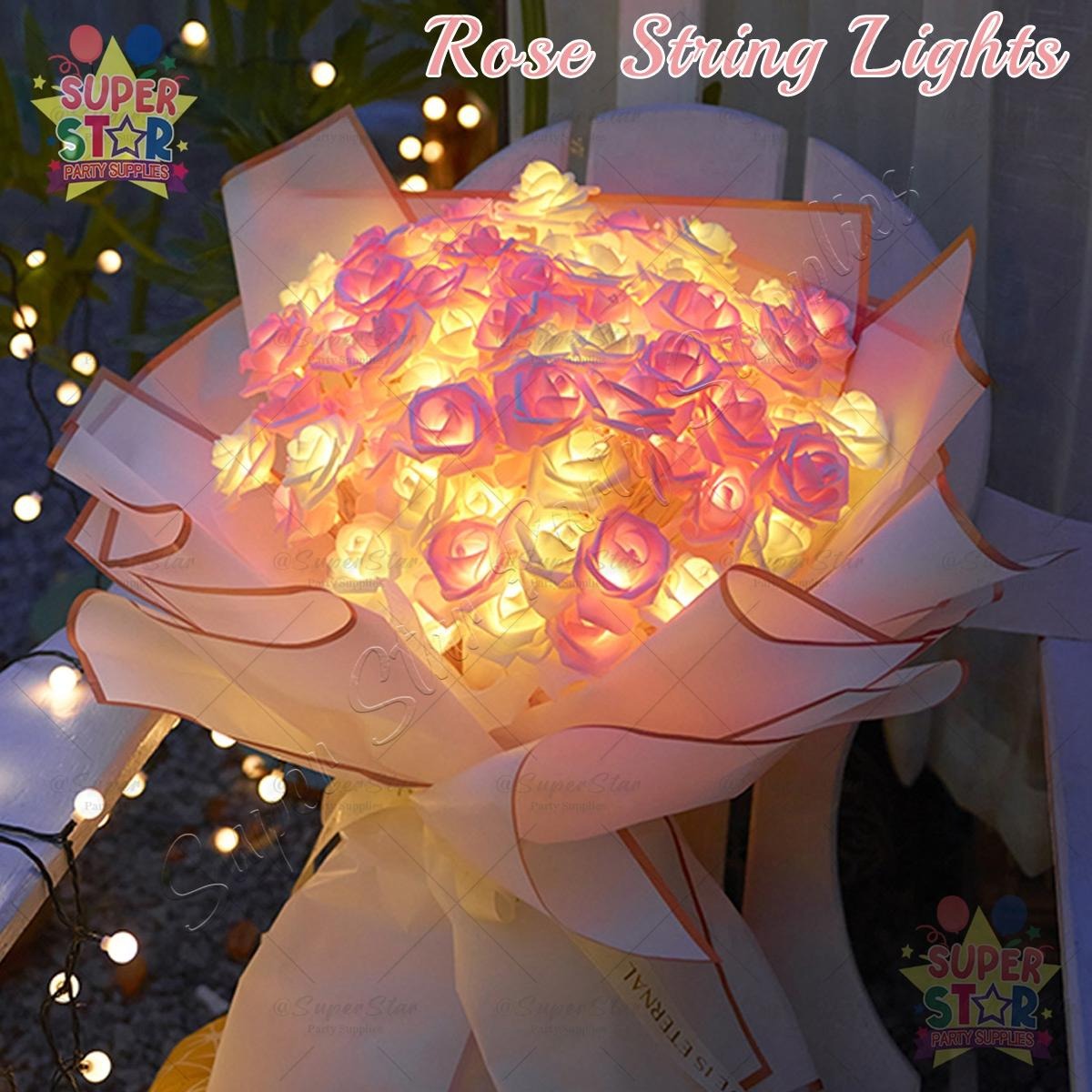 White Rose Flower LED Light Decorations Artificial Flower String Lights ...