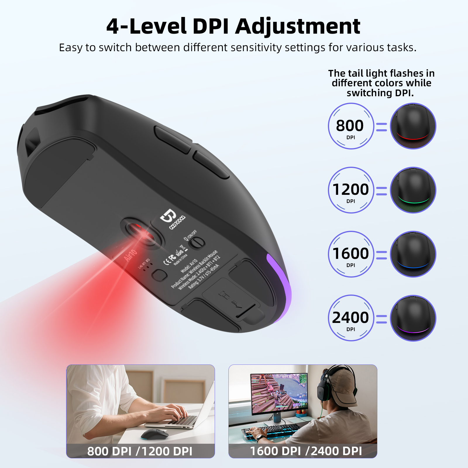GOOJODOQ Bluetooth Mouse Wireless Wired Silent Lightweight LED 4 ...