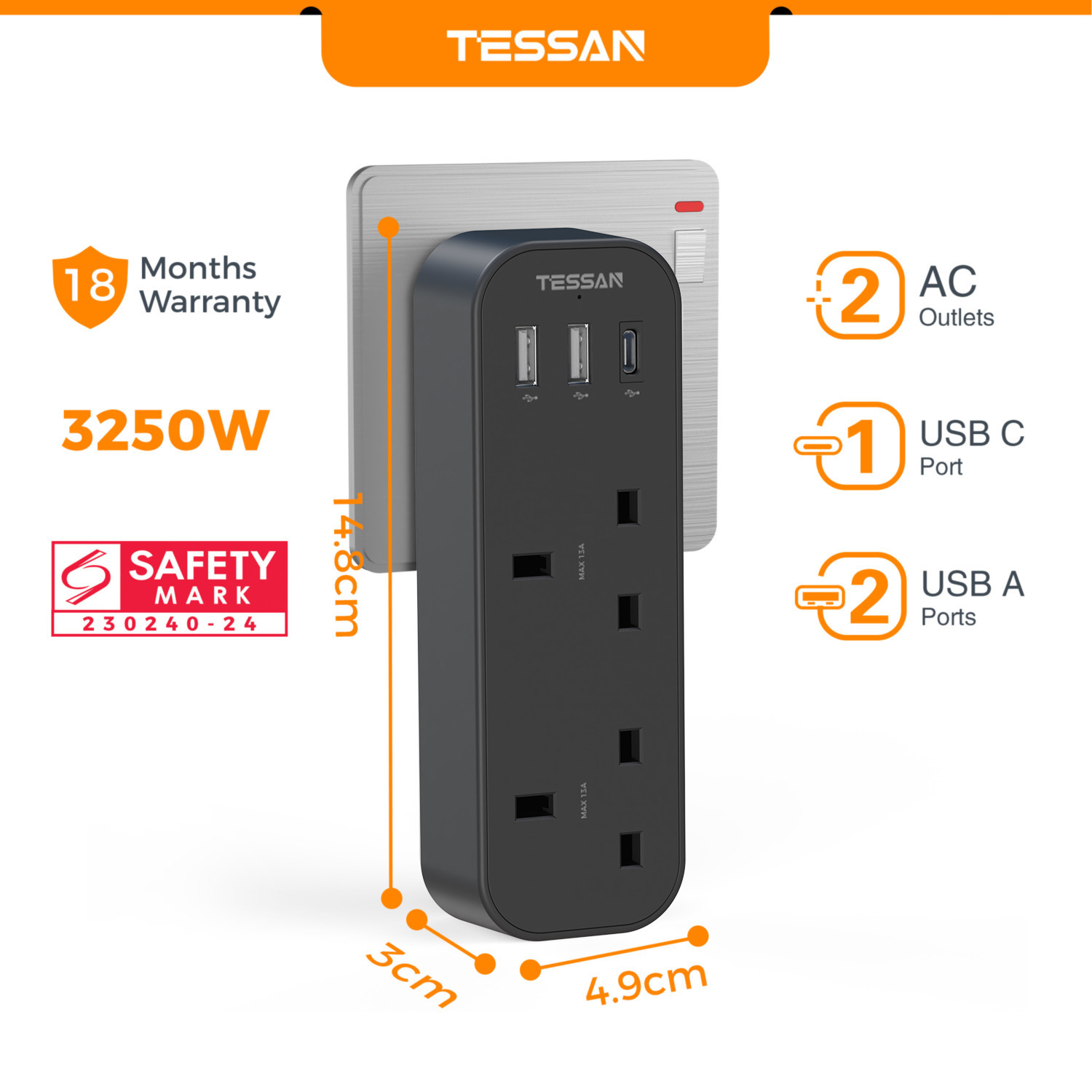 TESSAN Extension Plug with 2 USB+Type C，Multi Plug Power Extension ...