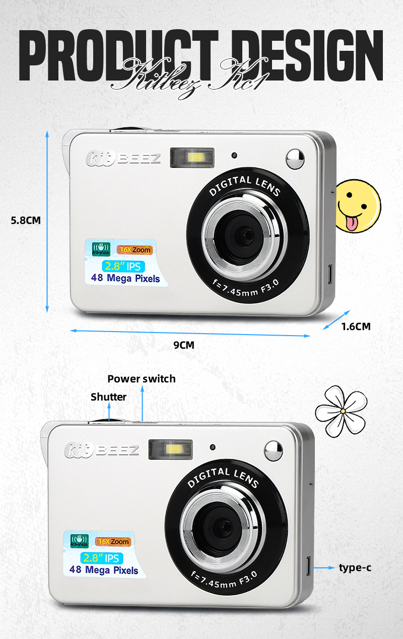 KiTBEEZ KC-1 CCD Retro Camera 48MP 16X Digital Zoom 2.7inch Anti-shake ...