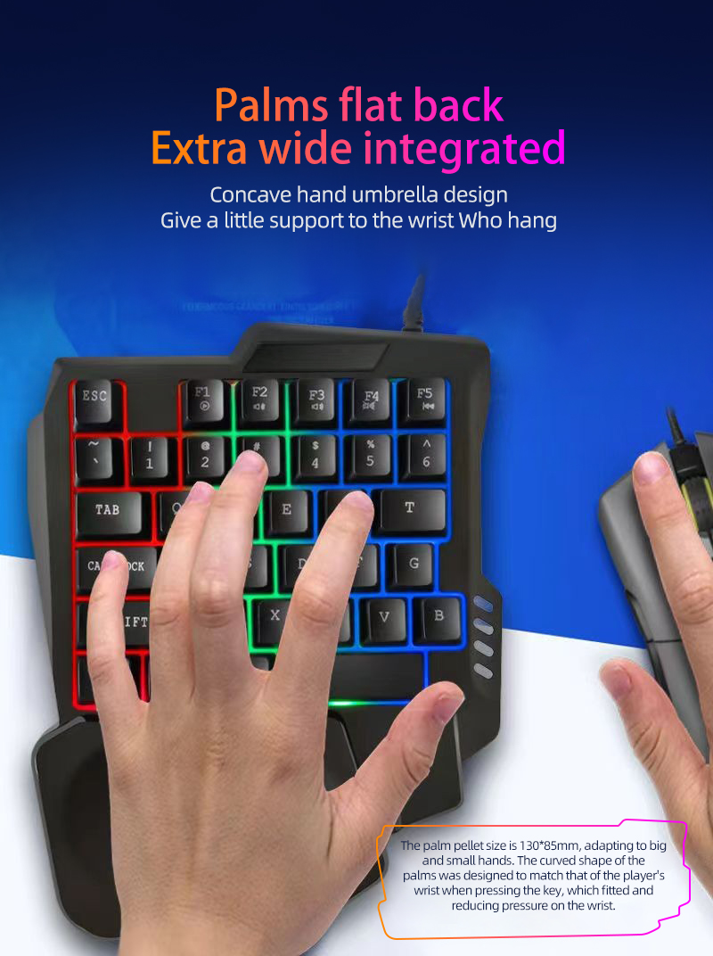 KIVEE One-Handed Mechanical Wired RGB Backlit Portable Ergonomic Gaming ...