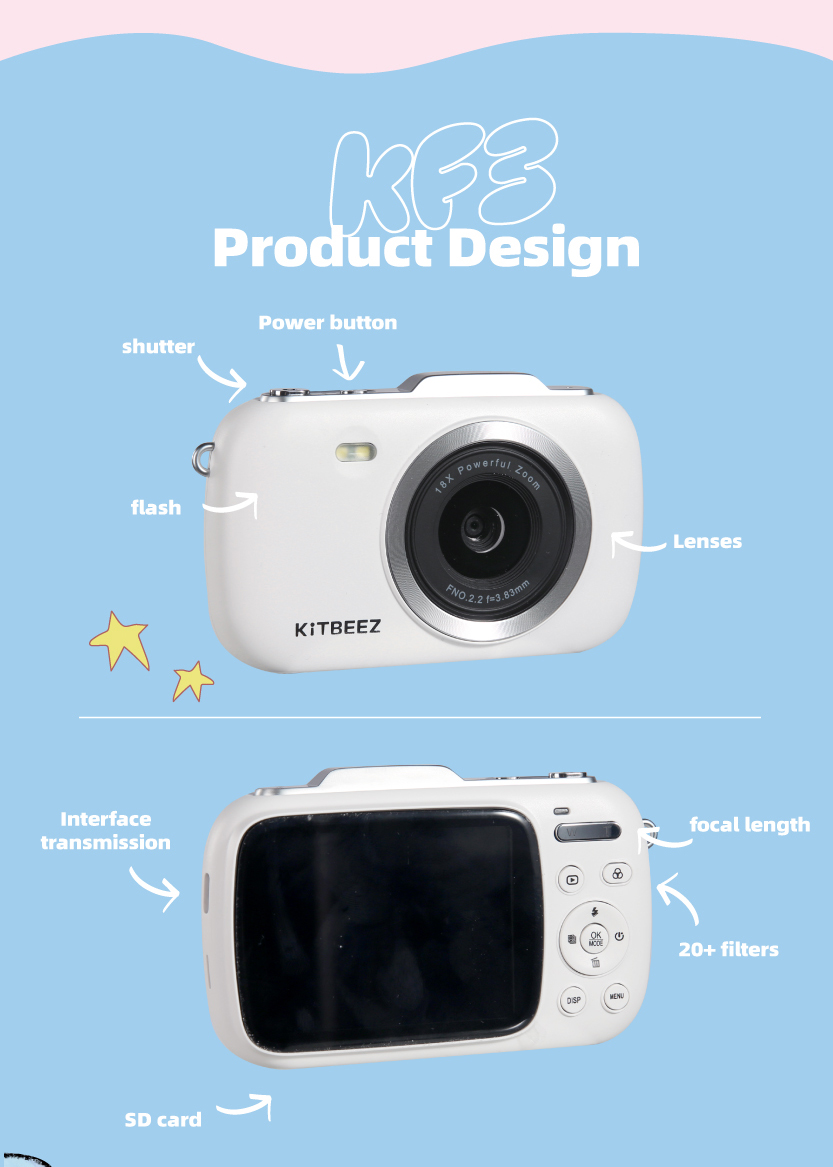 KiTBEEZ KF-3 Macaron CCD Camera 64MP Digital Camera 4K Video 18X Zoom with Built-in 4-Color ...