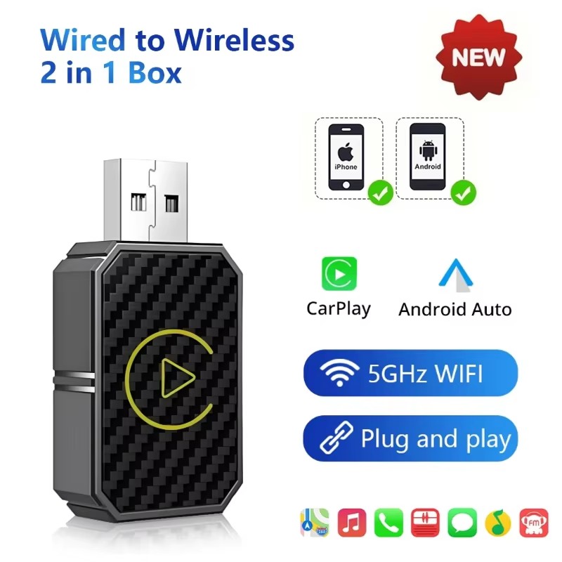 2-in-1 Wireless CarPlay & Android Auto Adapter – Smart USB Plug & Play ...