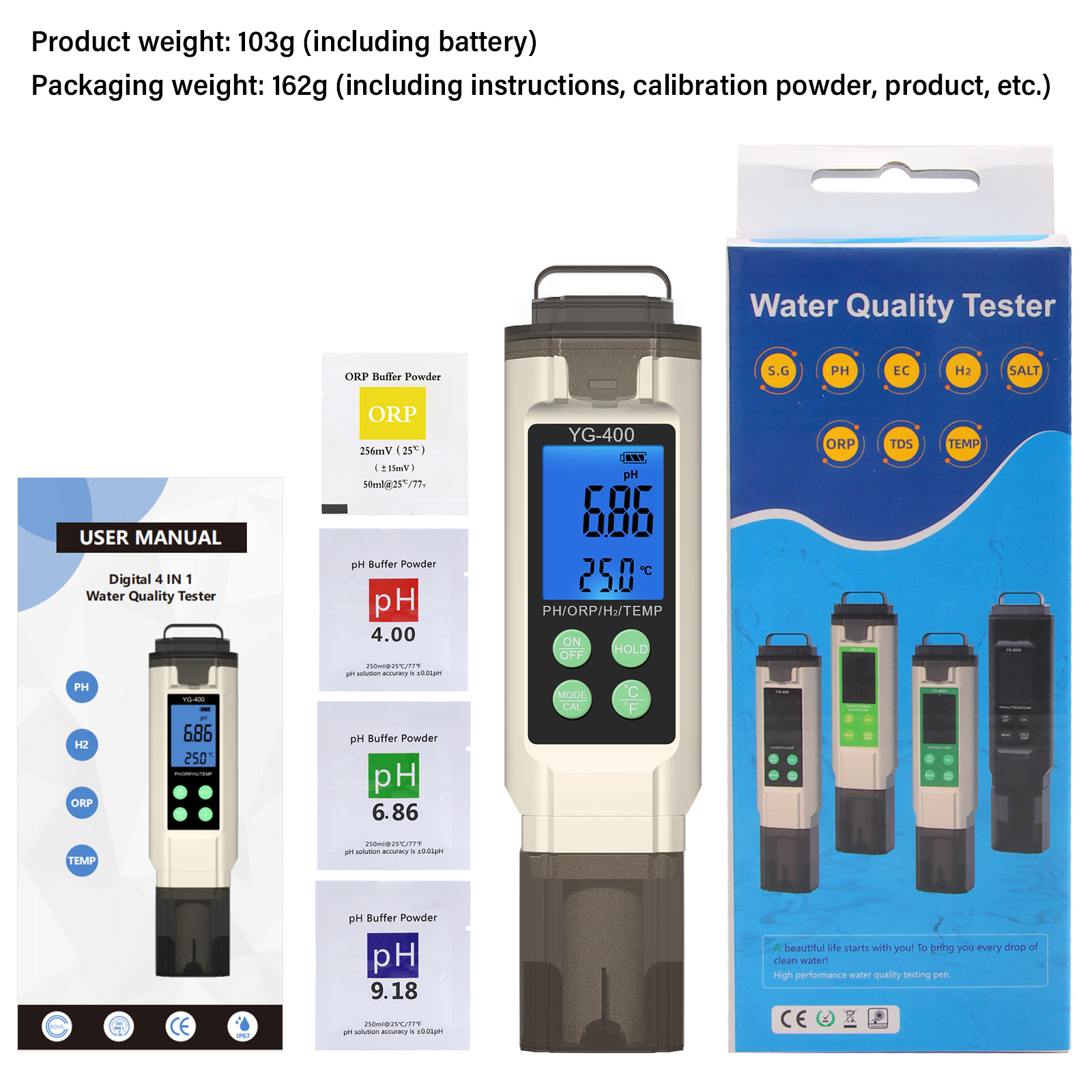 YIERYI 4 In 1 High Precision Water Meter PH/ORP/H2/Temperature Hydrogen ...