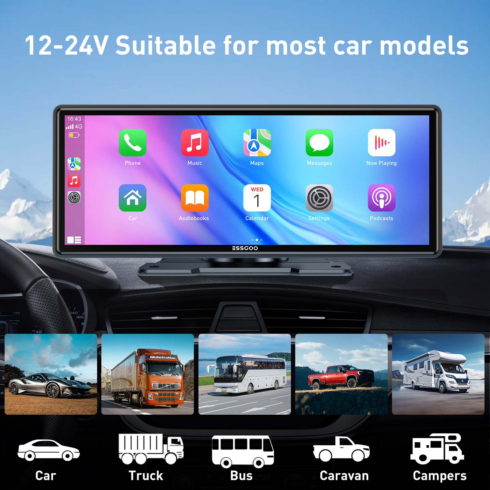 ESSGOO 10.26" INCH Portable Car Player Carplay Android Auto Bluetooth ...