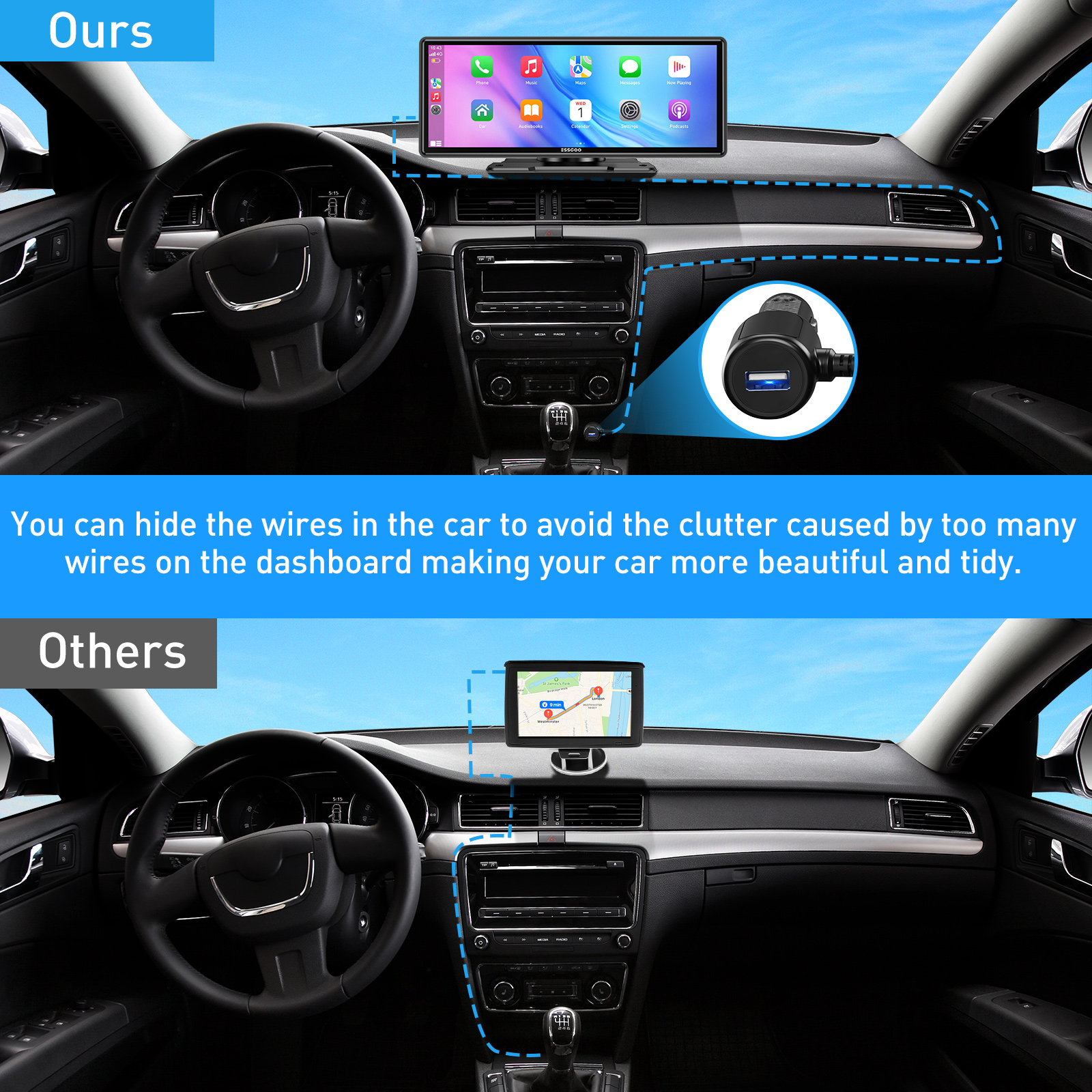 ESSGOO 10.26" INCH Portable Car Player Carplay Android Auto Bluetooth ...