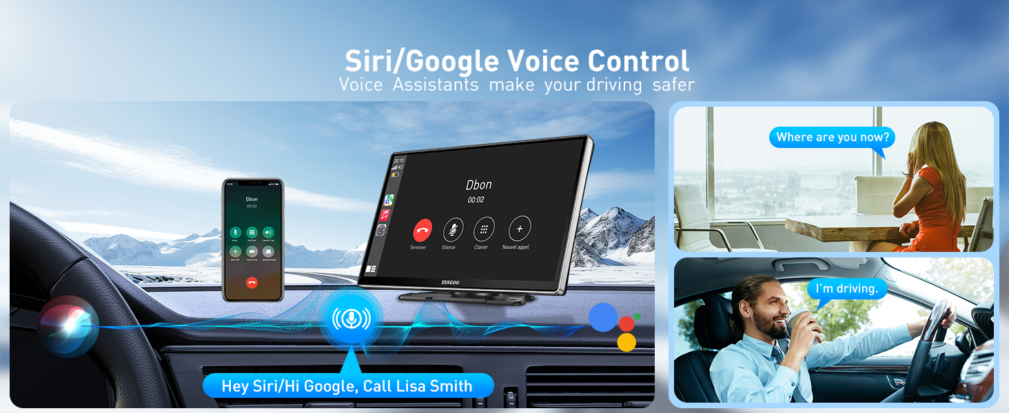 ESSGOO 9" Portable Car Player Wireless Carplay & Android Auto FHD IPS Touch Screen Support Voice ...