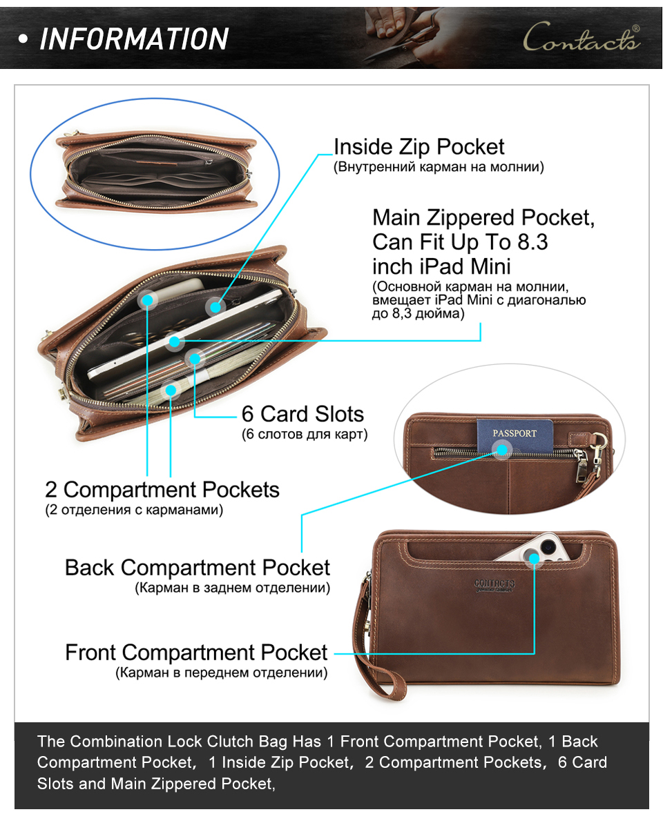 CONTACT'S Men's Genuine Leather Clutch Bag Passwords Lock Design ...