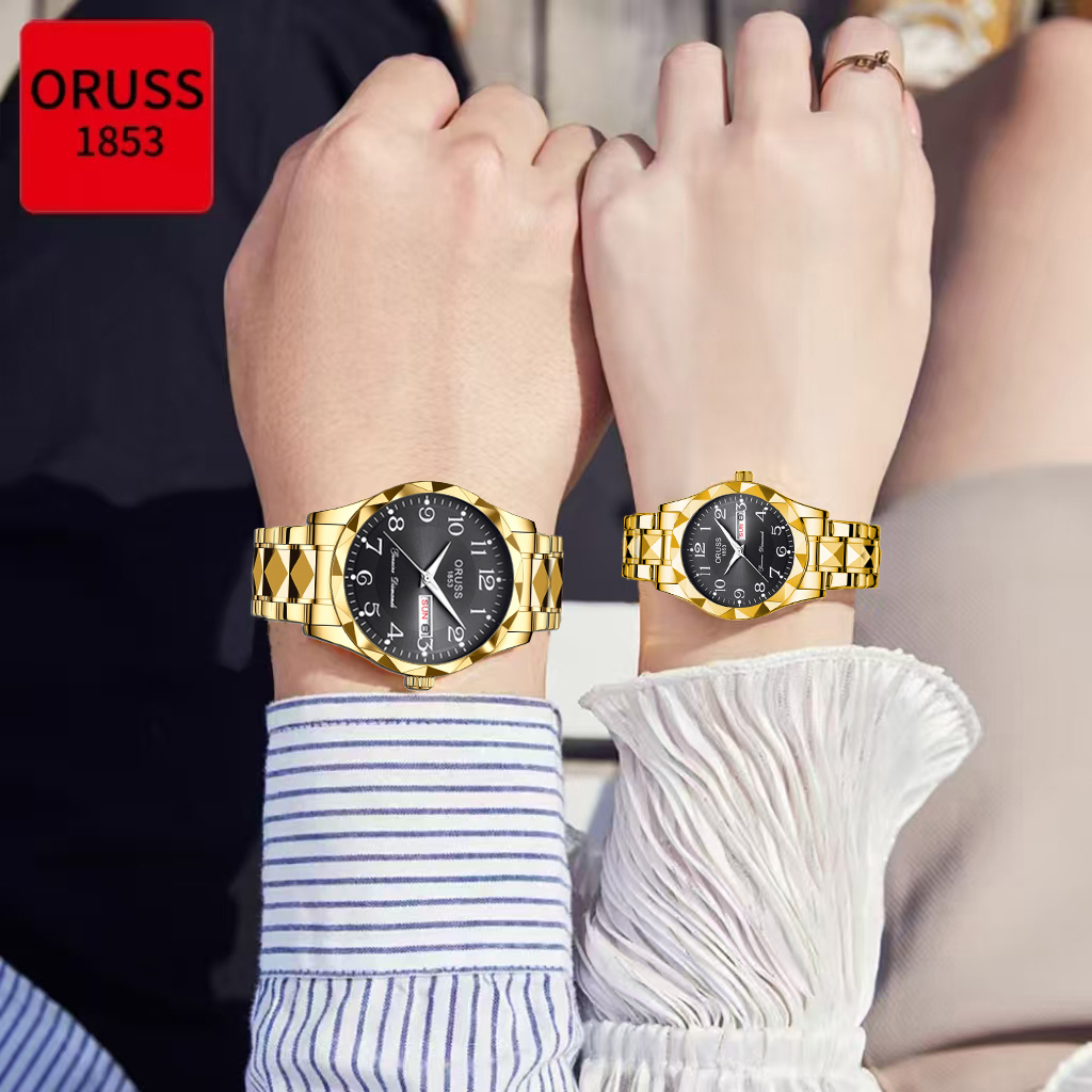 ORUSS Original Couple Luxury Dual Calendar Waterproof Luminous Gold ...