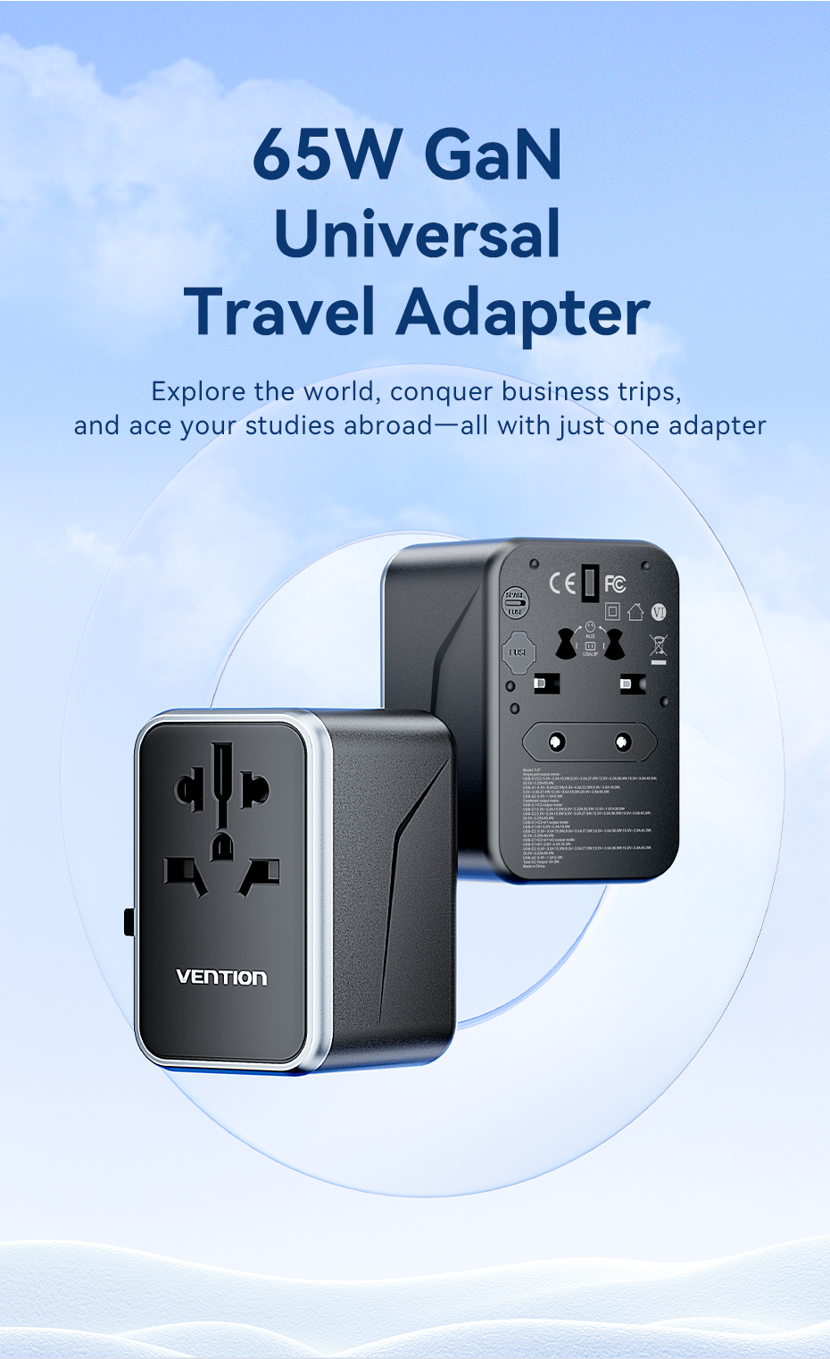 Vention 65W GaN Universal Travel Adapter PD 20W All in One Worldwide ...