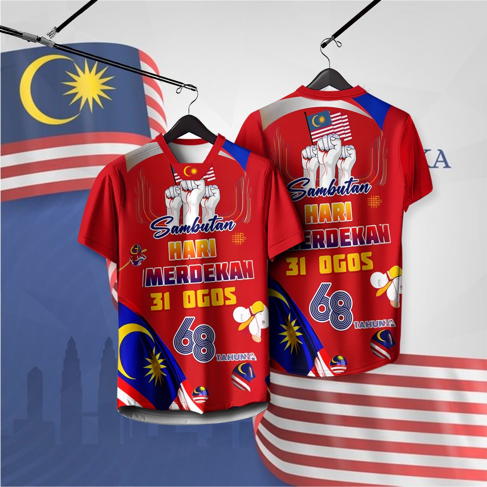 Baju Merdeka 2025 T-shirt Sukan V-Neck Malaysia 68th, T-shirt Serat ...