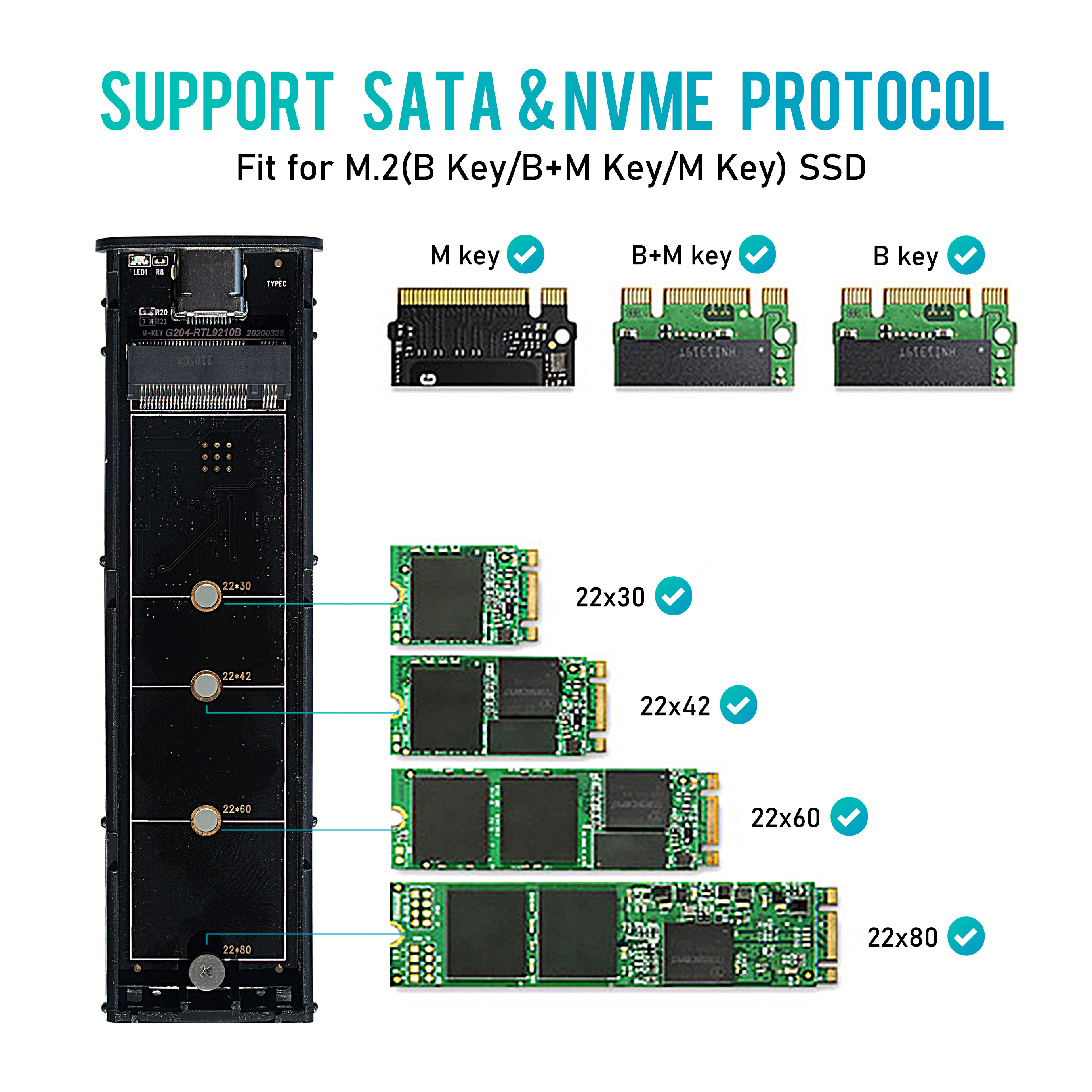 Walram 10Gbps M.2 NVMe SATA SSD Case 2230/2242/2260/2280 Portable Dual ...