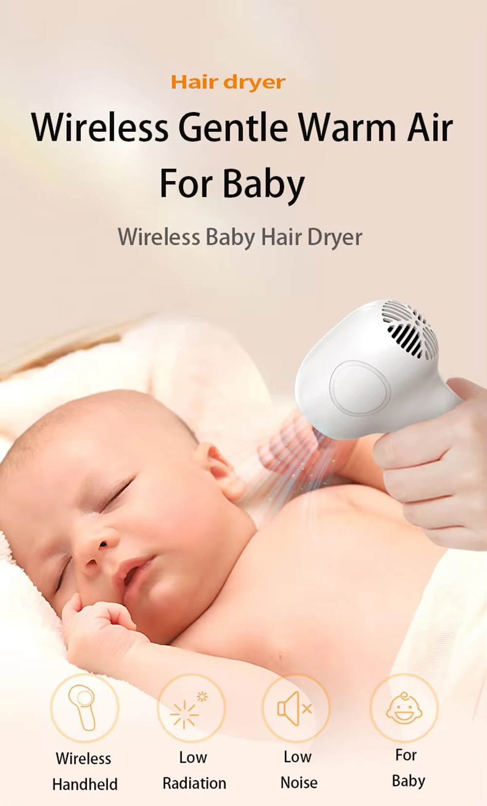 Wireless Kids Hair Dryer 40 Degrees Celsius Low Heat Silent Gentle Air ...