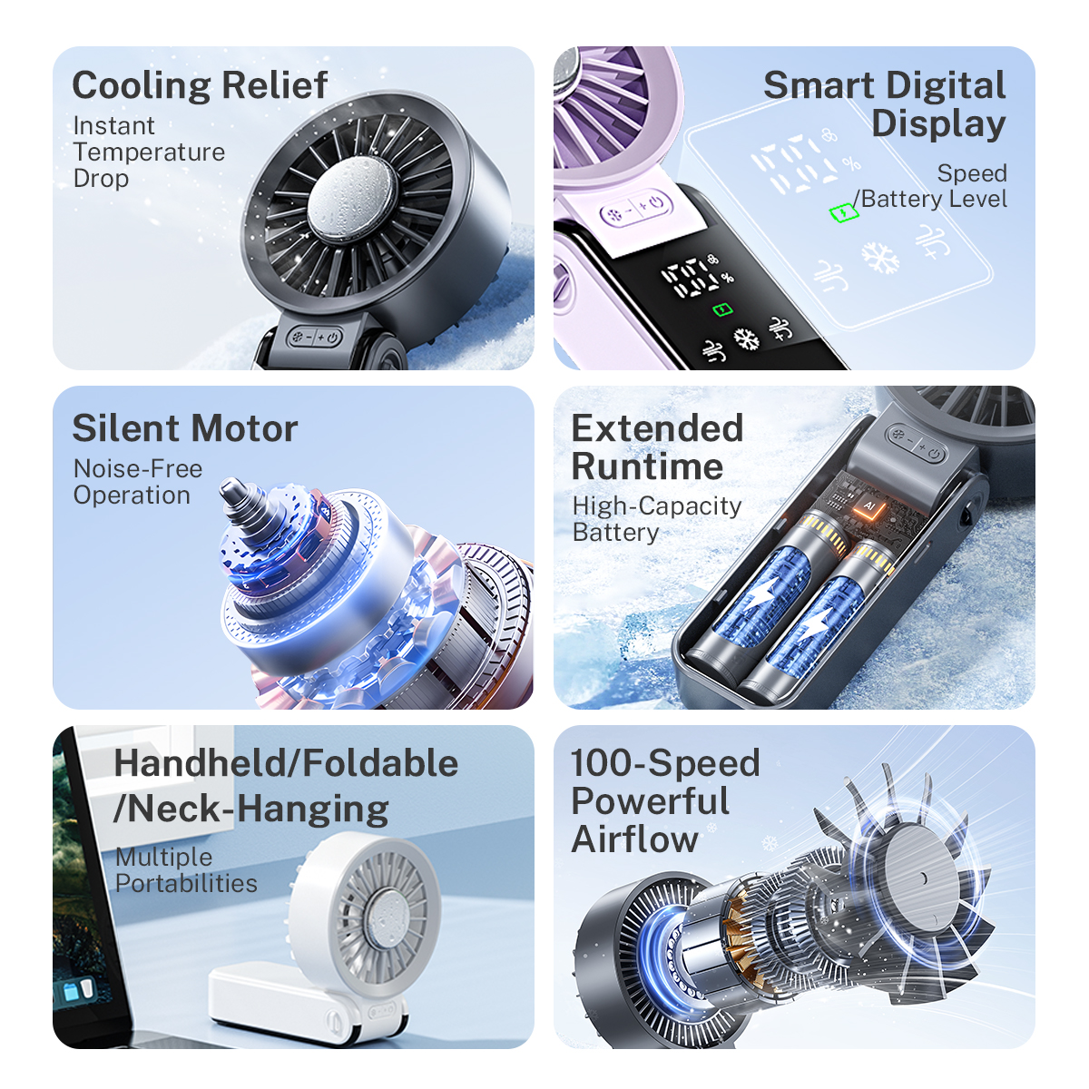 100 Gear Mini Fan with Cooling Effect 6000mAh Portable Turbo Fan Strong ...