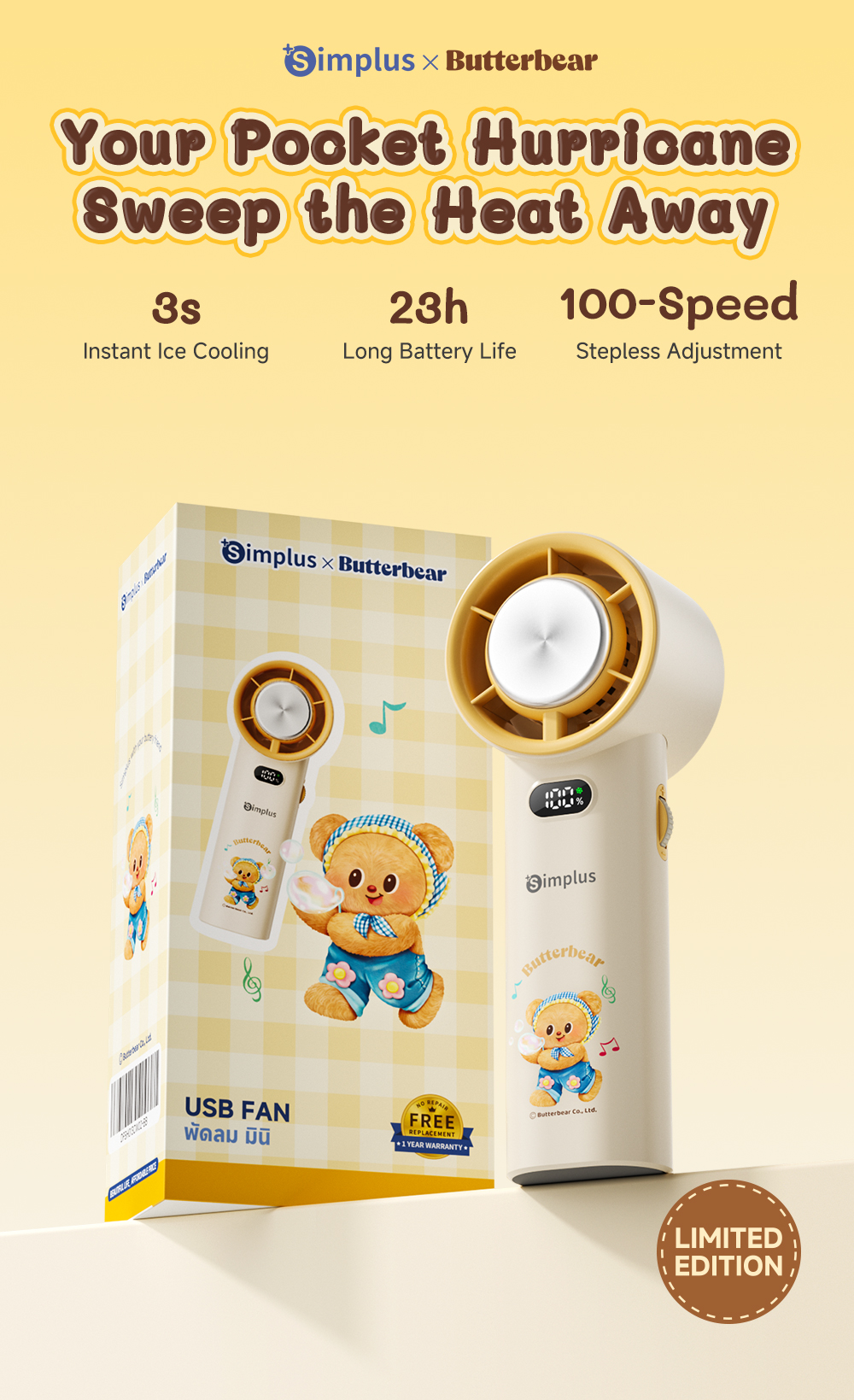 Simplus x Butterbear Portable Fan | Mini Handheld Fan | 100 Speed Levels | High Speed | Ice ...