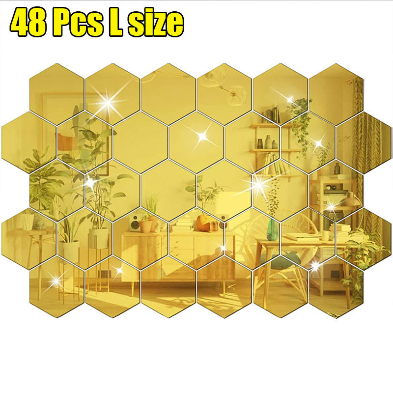 Hexagonal Acrylic Mirror-Effect Wall Stickers Gold/Silver Decor for TV ...