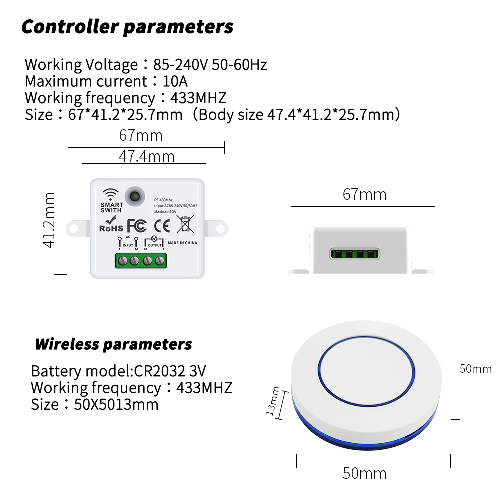 Wireless RF Remote Switch 433MHz, AC 100-250V 10A Relay Module for ON ...