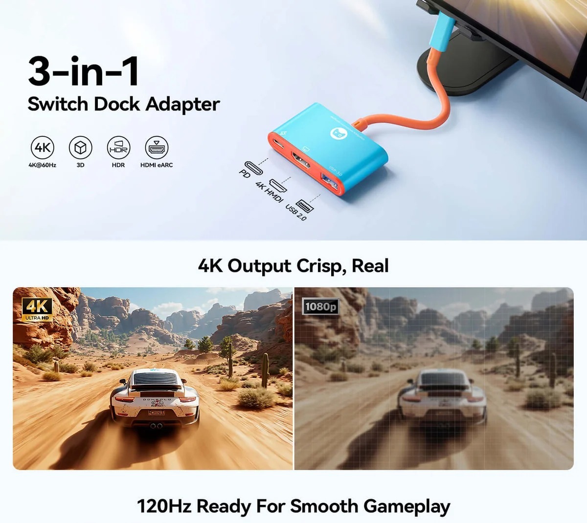JSAUX Dock Adapter for Switch 2 Docking Station 3-in-1 USB Type C HDMI ...