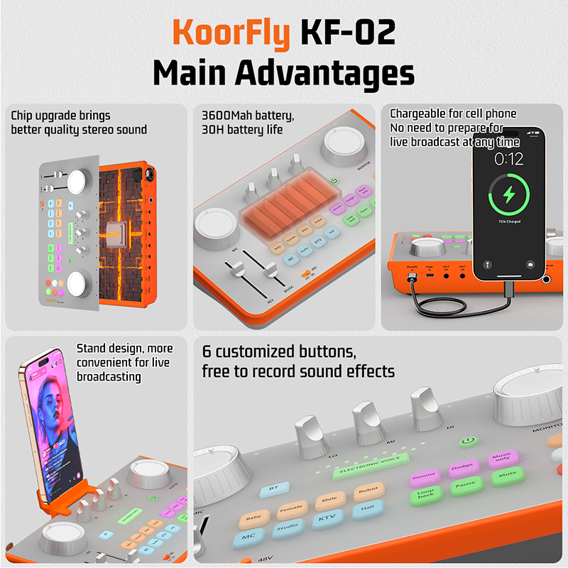 KoorFly Sound Card Mid-High Bass Bluetooth Boleh Laras KF02 With 48V Microphone Audio Mixer ...
