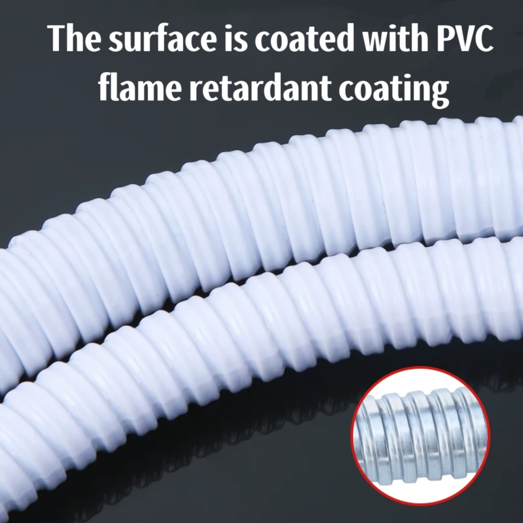 White plastic-coated metal flexible hose, wire and cable conduit ...