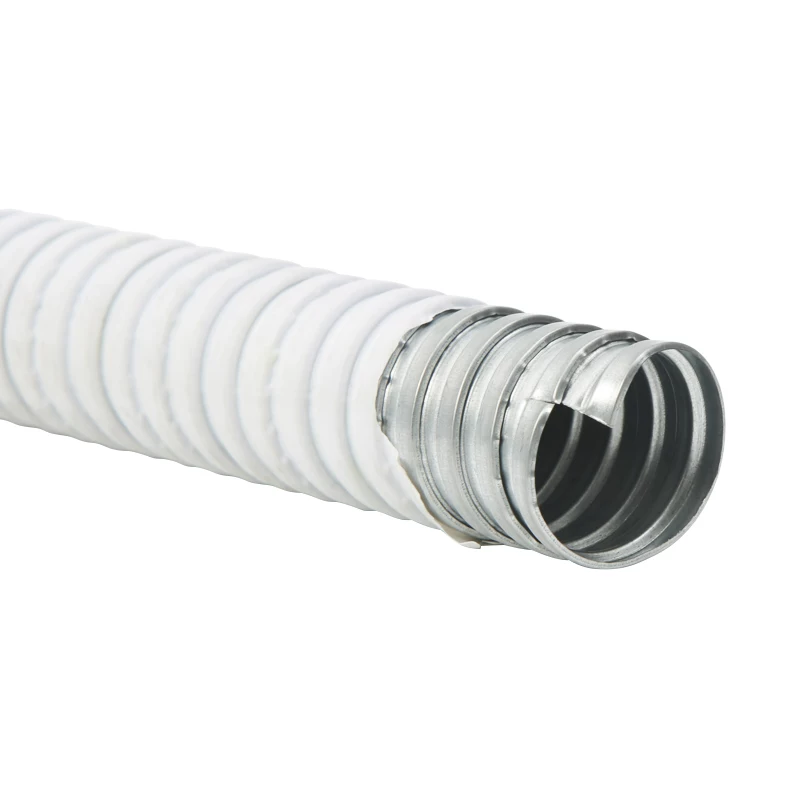 White plastic-coated metal flexible hose, wire and cable conduit ...