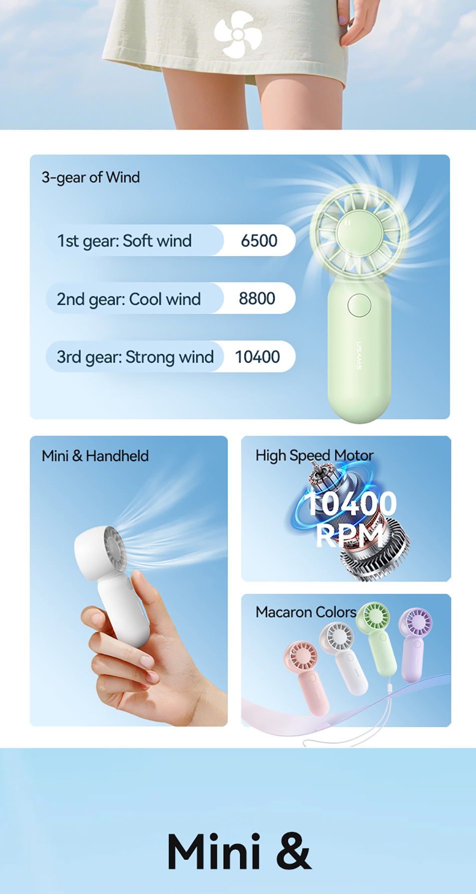 USAMS Super Mini Fan Portable Handheld Fan USB Pocket Fan 3-Speed Ultra ...