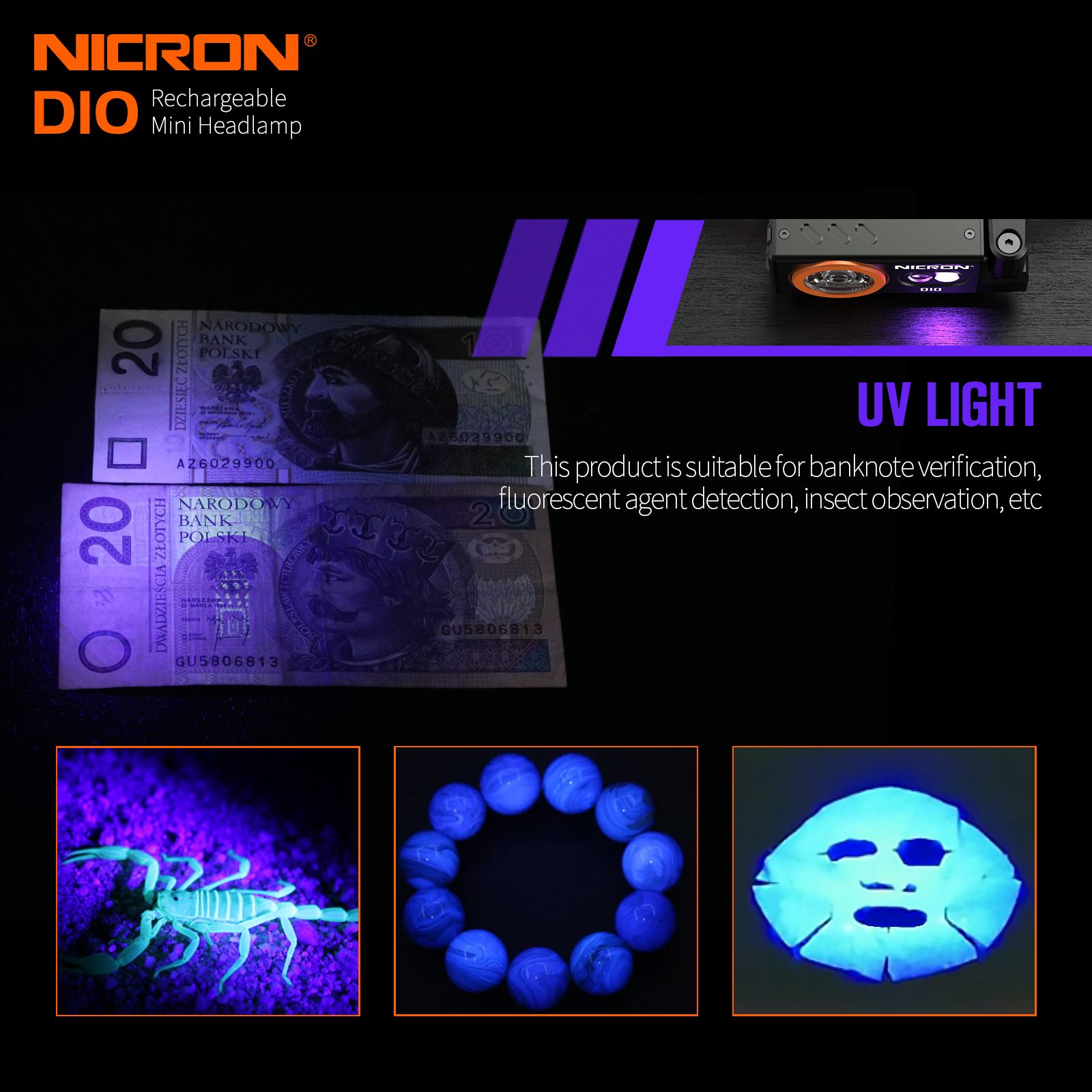 Nicron multifunctional Headlamp D10 500lm with White lighting/UV light ...